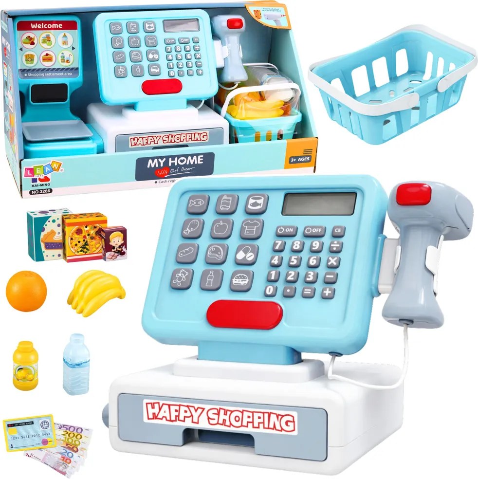 LEAN Toys Interaktivní pokladna v obchodě, skener, nákupní košík, potraviny, světla, zvuky