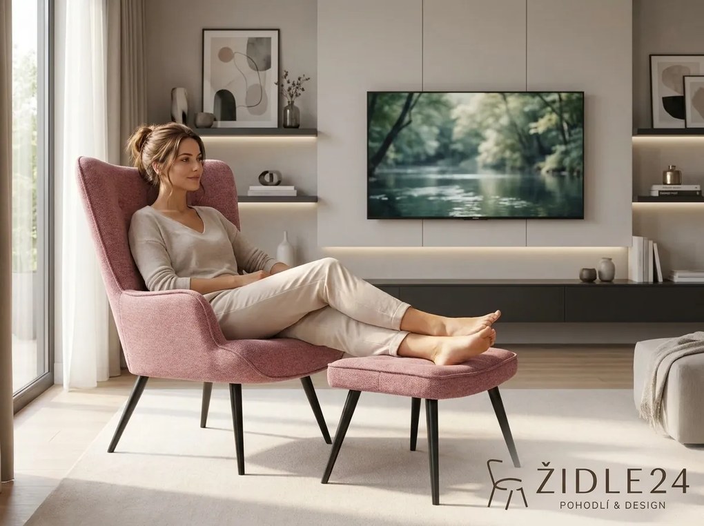 Relaxační křeslo s podnožkou AIRO - růžová látka
