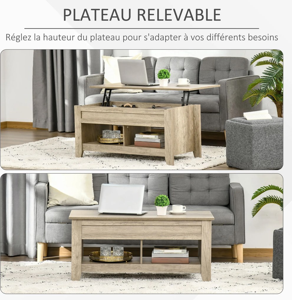 HOMCOM Zvedací Konferenční Stolek, Stolek do Obývacího Pokoje se Policemi a Skrytým Úložištěm, 105 x 50 x 49-62,5 cm do Obývacího Pokoje, Ložnice, Du…