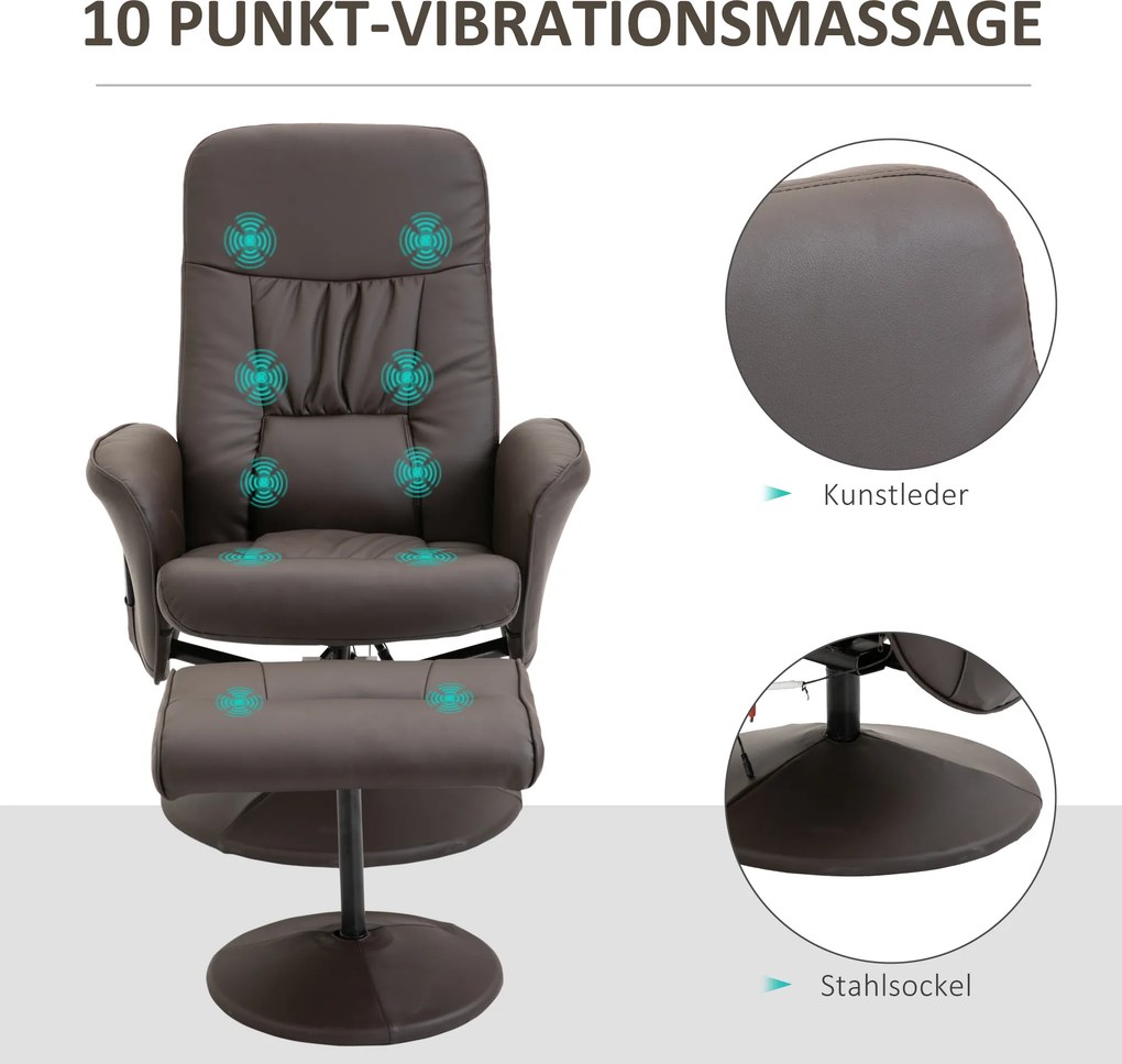 HOMCOM 2-St TV křeslo s funkcí polohování 360° otočné polohovací křeslo s 10 masážními body v imitaci kůže v hnědé barvě Š76 x D81 x V105 cm | Aosom.…
