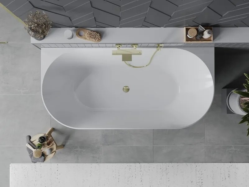 Mexen Oval Slim, volně stojící vana ke stěně 170 x 80 cm, bílá lesklá, zlatý lesklý přepad, 52661708000-50