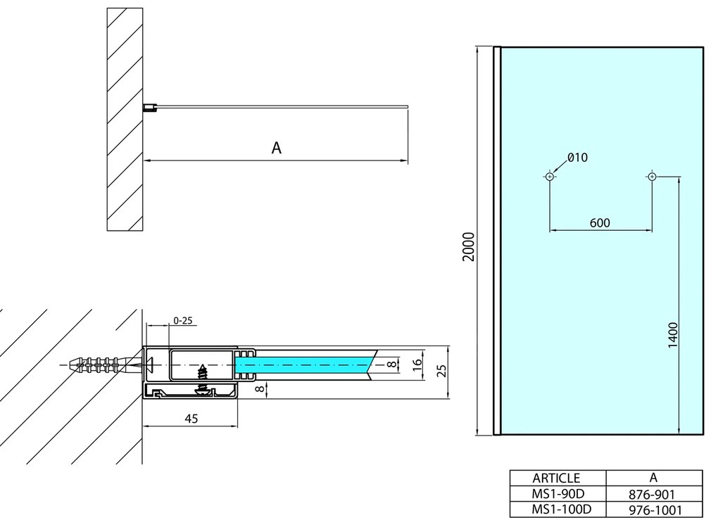 Polysan, MODULAR SHOWER stěna pro instalaci na zeď, jednodílná, 1000 mm s otvory pro držák ručníků, MS1-100-D
