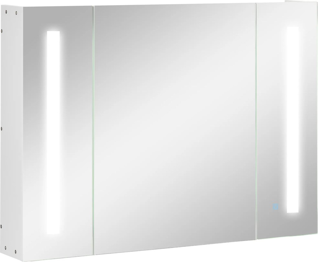 kleankin Zrcadlová skříňka 3 zrcadlová dvířka LED světla 90 × 15 × 65 cm bílá