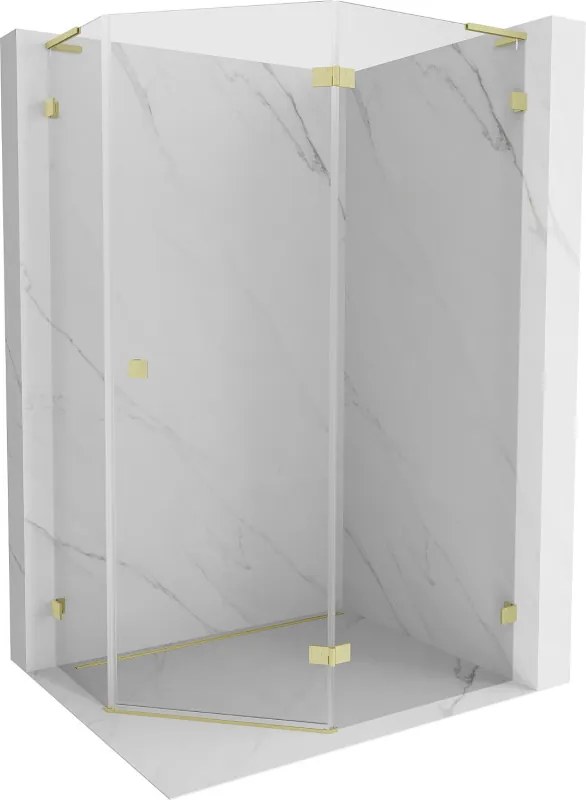 Mexen Lunar, L pravý výklopný pětiúhelníkový sprchový kout 90 x 80 cm, 8mm čiré sklo, zlatý matný profil, 831L-090P-080L-55-00-P