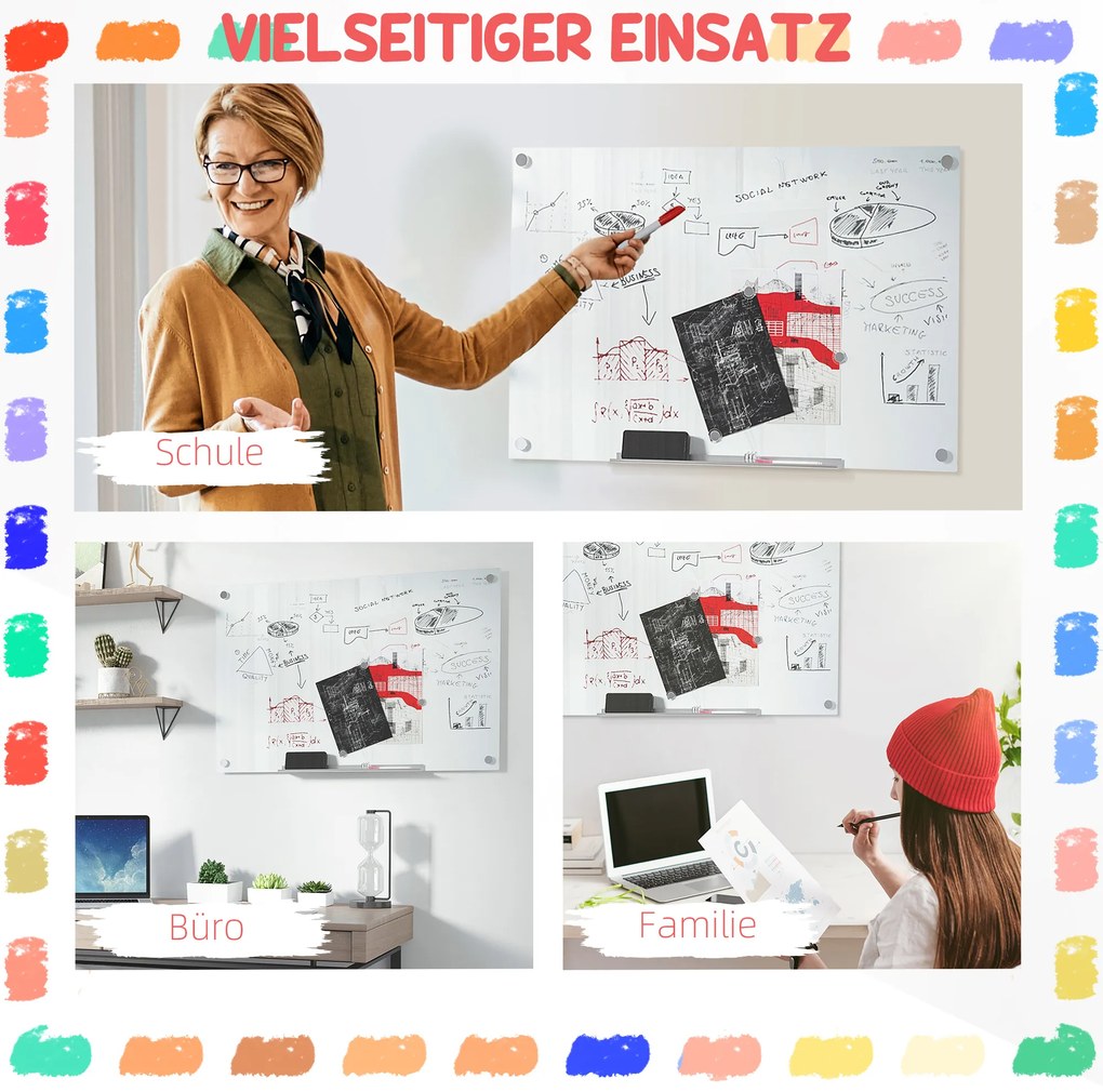Magnetická tabule Vinsetto 90x60cm se 4 pery, 6 magnety, 1 houbičkou a poličkou, stojanová skleněná tabule k montáži na zeď
