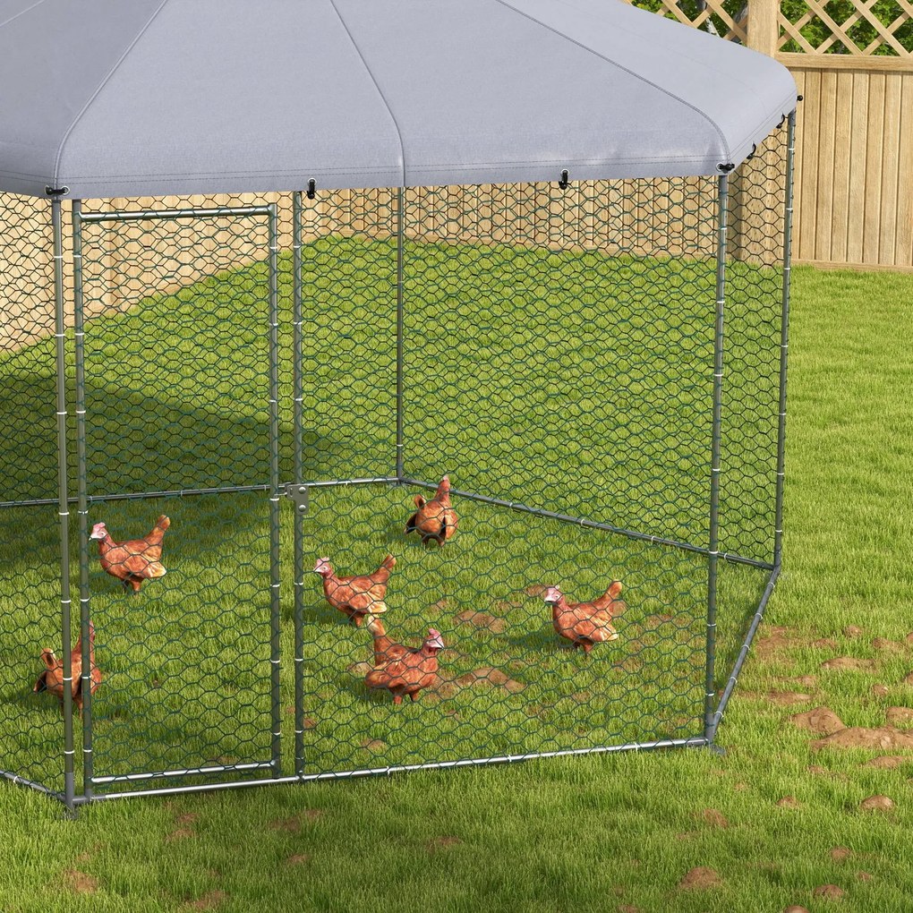 PawHut kurník 400 x 346 x 263 cm ocelový výběh pro volný chov, klec pro kuřata s krytem, dvířka, výběh pro 10-15 kuřat, malá zvířata, šedá