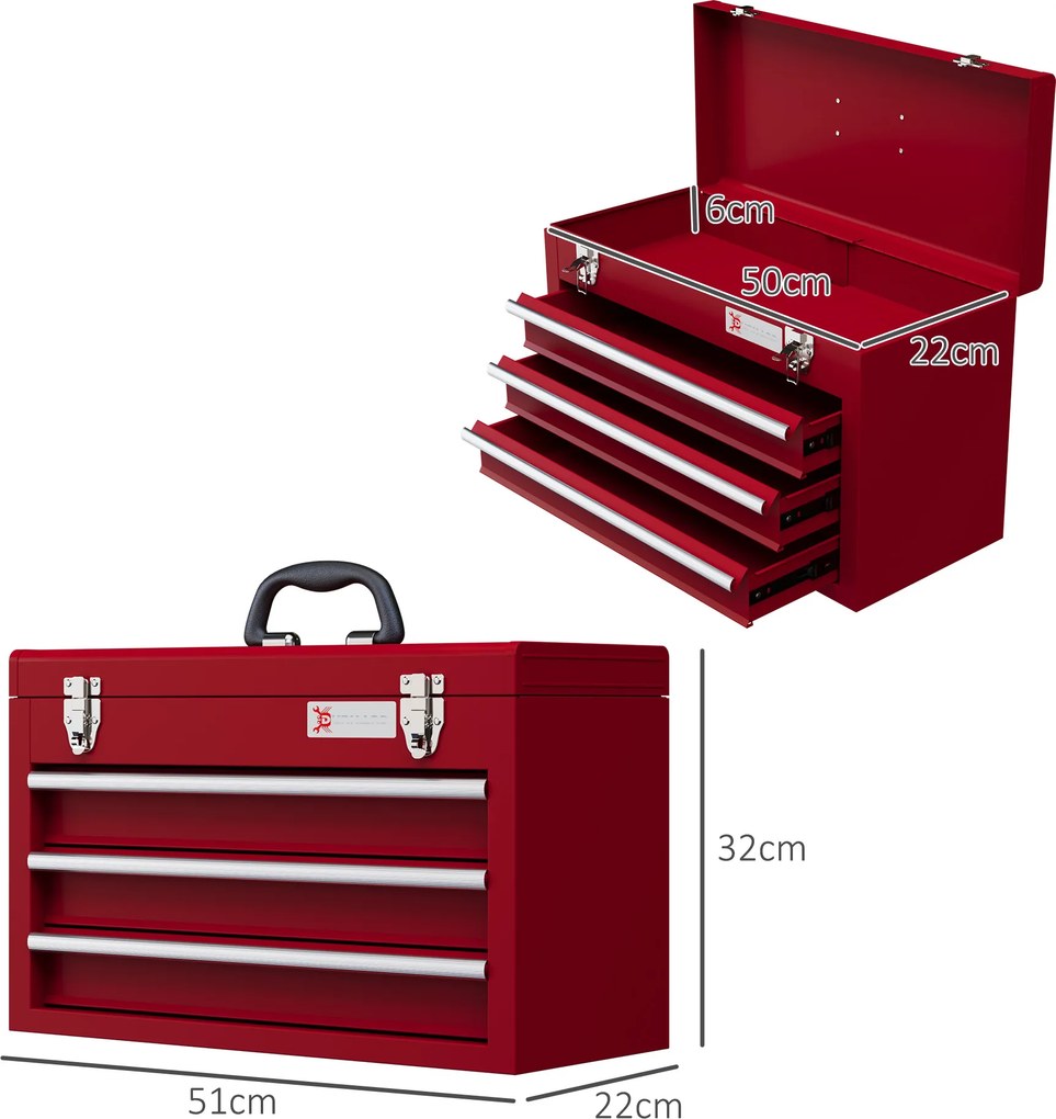 DURHAND box na nářadí prázdný 51x22x32cm se 3 zásuvkami a horní přihrádkou, rukojetí a zámkem, robustní ocelový box na nářadí v červené barvě | Aosom…