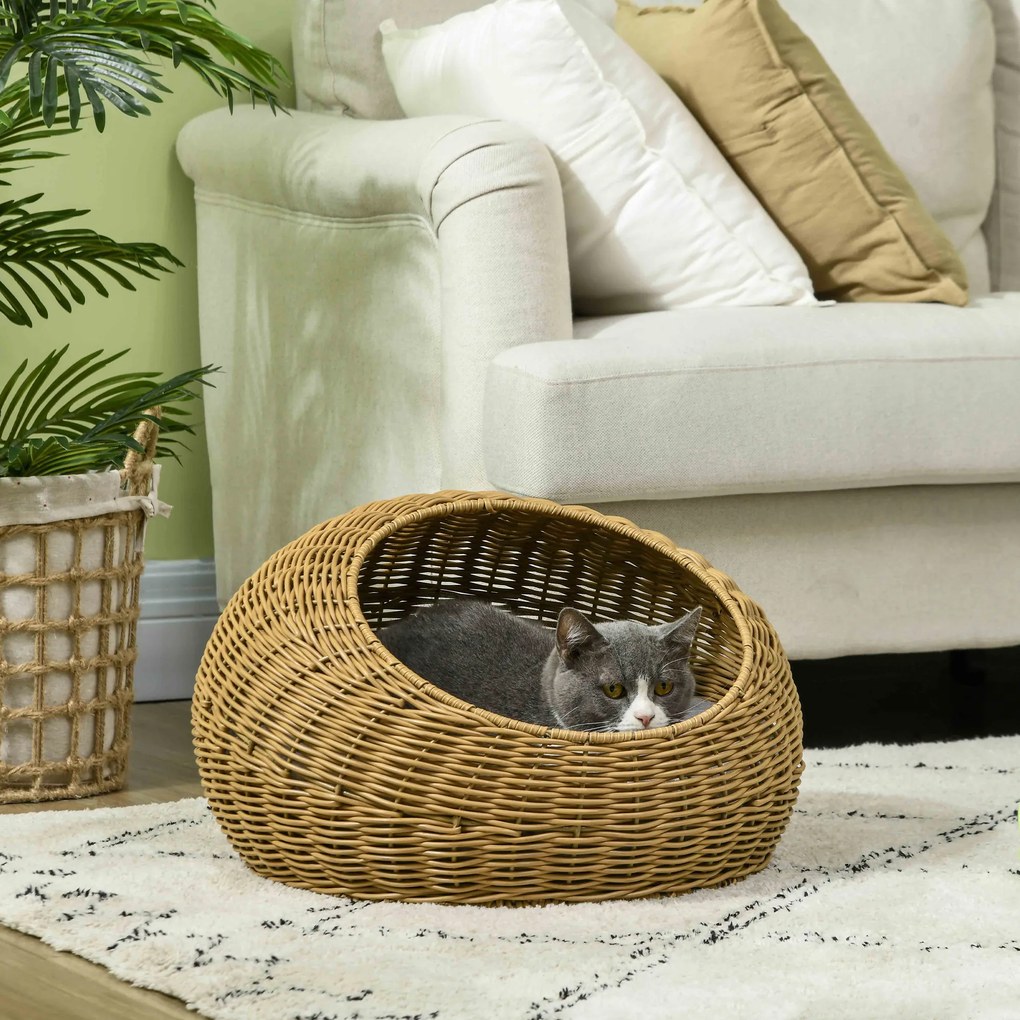 PawHut ratanový košík pro kočky s polštářem pro kočky do 4 kg, vnitřní jeskyně pro kočky z PE ratanu, Ø50 x 31 cm, světle hnědý pro útulné útočiště |…