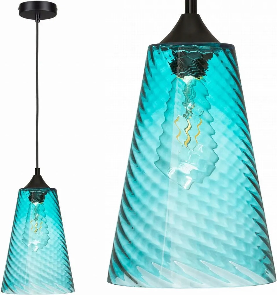 Závěsná lampa skleněná modrý kužel Vela