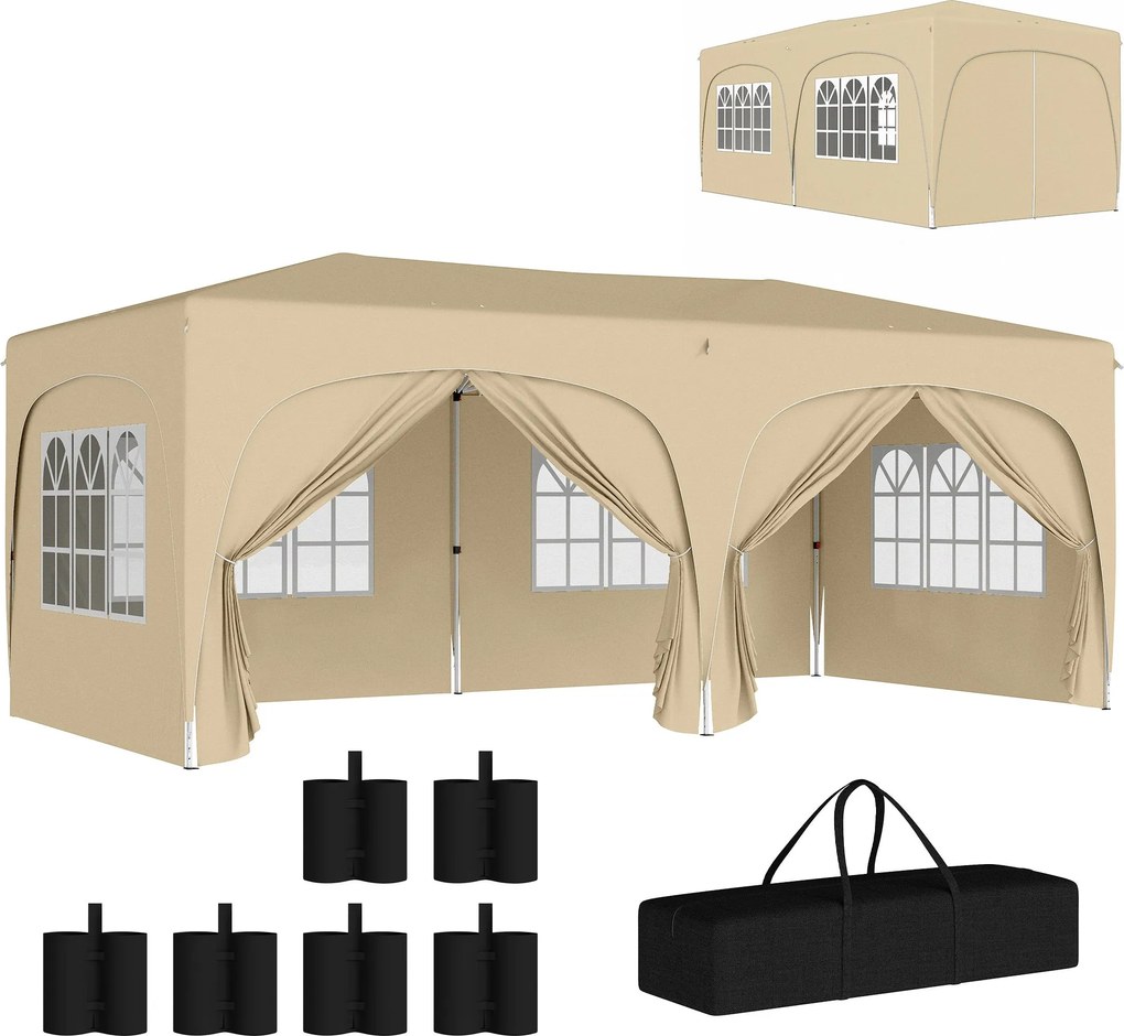 Pavilon Outsunny přibližně 3x6m, voděodolný stabilní zimní stan s rychlým rozkladem a skládacím designem, UV ochrana 50+, skládací párty stan s 6 bočn