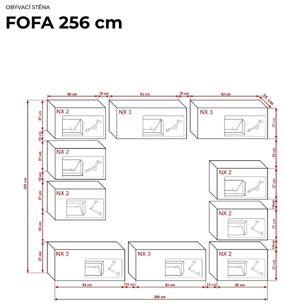 Ral Obývací stěna FOFA 1, 256 cm - Bílý lesk