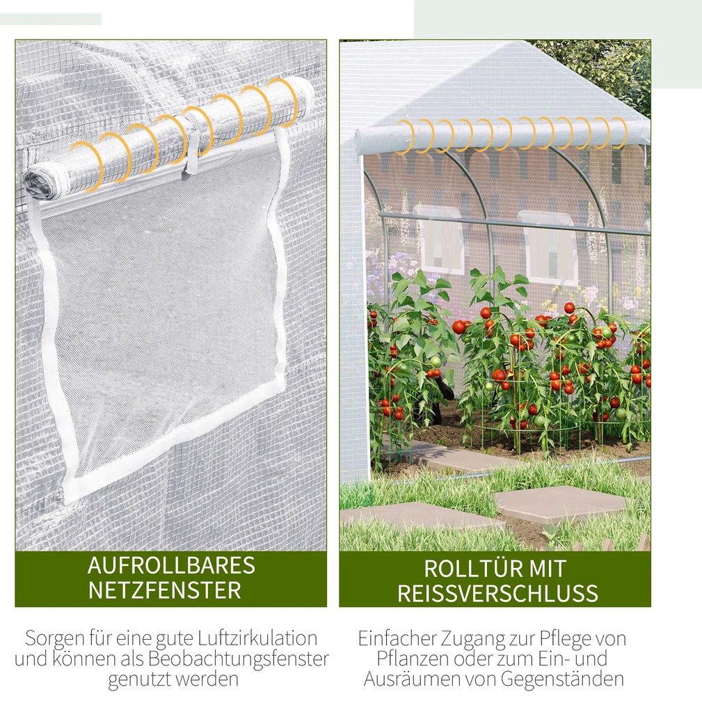 Fóliový skleník Outsunny 3,5x3x3m s UV ochranou, odolný proti větru, síťované okno, ideální pro rajčata a rostliny na zahradě nebo balkoně, kov, bílý…