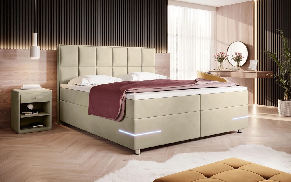 K&M postele Boxspring postel MILANO bez úložného prostoru s LED Velikost postele: 140 × 200 cm, Výběr matrace: Taštičková zónová matrace - měkká (70–…