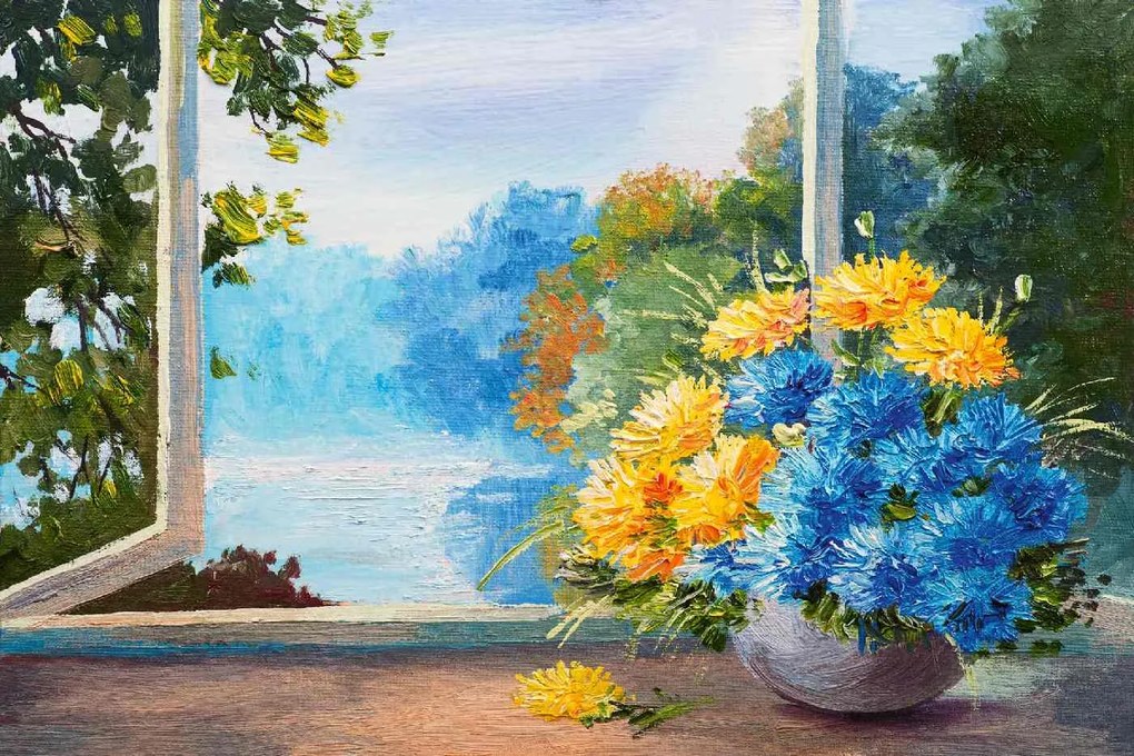 DIMEX | Samolepicí vliesová fototapeta na zeď Malba - Modré květiny MA-5-2002 | 375 x 250 cm | zelená, modrá, žlutá, hnědá