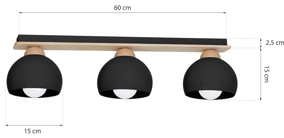 Stropní svítidlo Dama, 3x černé kovové stínítko, b/dřevo