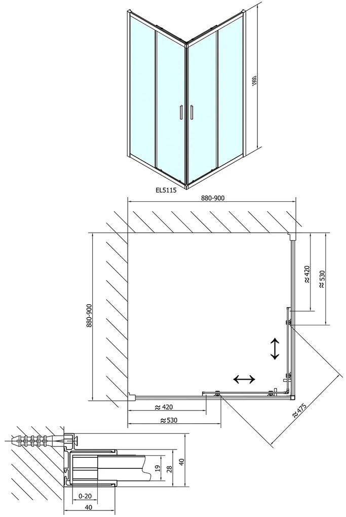 Polysan EASY LINE čtvercová sprchová zástěna 900x900mm, čiré sklo EL5115