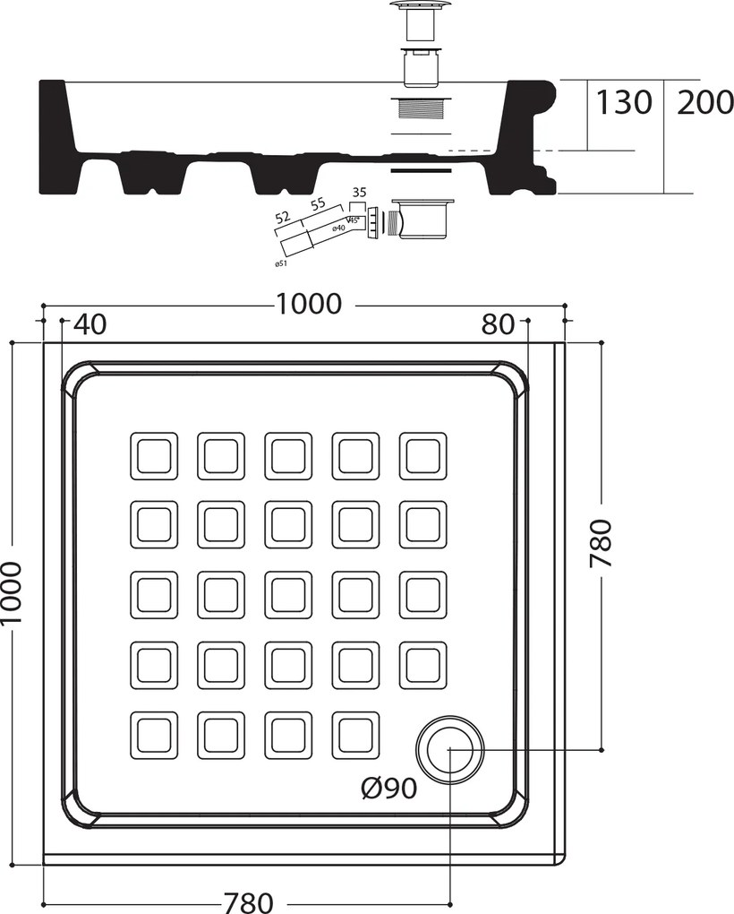 Kerasan RETRO keramická sprchová vanička, čtverec 100x100x20cm, bílá 134001