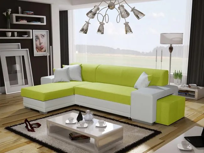 SOB FURNITURE Rohová sedací souprava VERA TWIN s taburetem - bílá / světle zelená