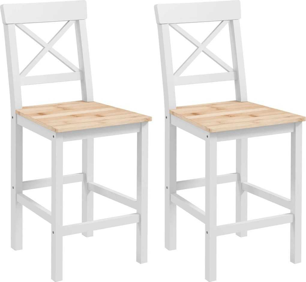 HOMCOM Set 2 Barových Židlí Vysoký Sedák 60,2 cm Dřevěné Kuchyňské Židle s Opěrkou a Podnožkou Nosnost 120 kg pro Jídelnu a Obývací Pokoj Přírodní a B