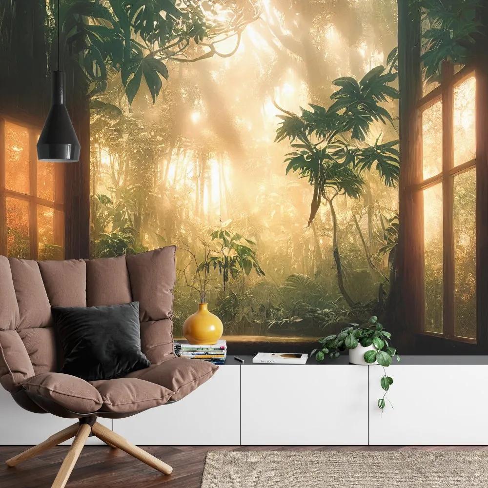 Fototapeta A Large Arch-Shaped Window, A Portal In The Dark Mystical Forest, The Sun&amp;#039;s Rays Pass Through The Window And Trees, Shadows. Fantasy Beautiful Forest Fantasy Landscape. 3D . Samolepící tapety 360x240