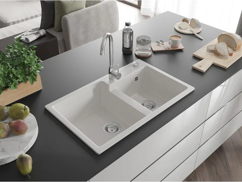 Mexen Tomas, granitový dřez 800x500x190 mm, 2-komorový, bílá, 6516802000-20