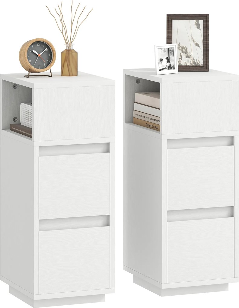 HOMCOM sada 2 úzkých vysokých nočních stolků se 2 zásuvkami a otevřenou policí — úsporné moderní stolky do ložnice i obýváku, 25 x 30 x 65 cm, bílá |
