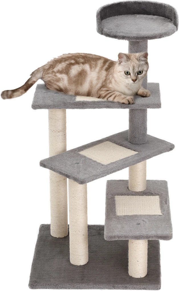 PawHut stabilní kočičí strom, nosnost 15 kg, schody pro kočky, 3 stupně, béžová, šedá, 48,5 x 48,5 x 100 cm