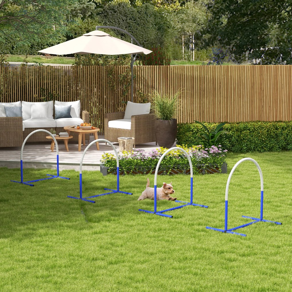 PawHut 4-dílný agility set pro psy, 88 x 64 x 95 cm, se 4 oblouky, přenosná taška, pro starší nebo velmi mladé psy, PE, ABS, bílá