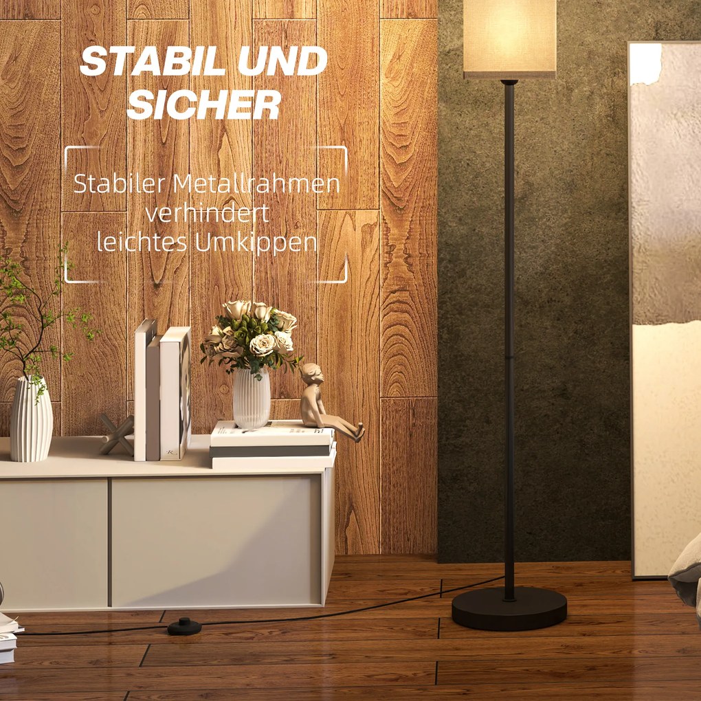 HOMCOM Moderní stojací lampa s textilním stínidlem a nožním vypínačem, pro obývací pokoj a ložnici, kov, černá