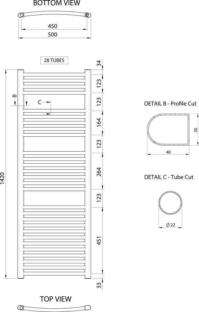 Aqualine ALYA otopné těleso oblé 500 x 1420 mm chrom LLC203