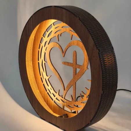 Dřevěná LED lampa Srdce s křížem | Křesťanská dekorace| SENTOP LED0600