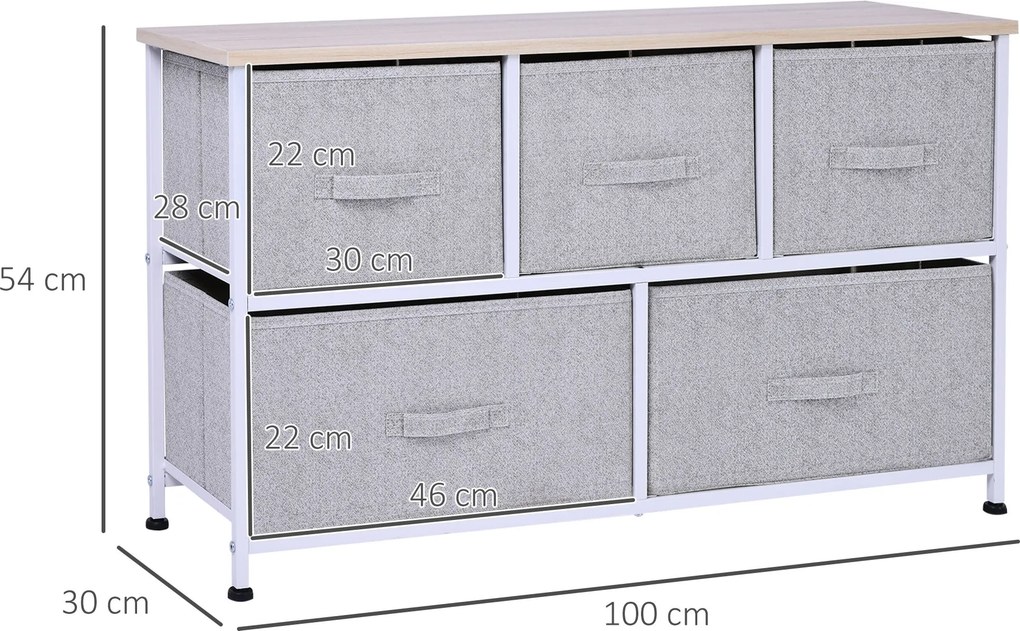 HOMCOM Komoda 100 x 30 x 54 cm s 5 Úložnými Šuplíky - Šedý Ocelový Rám, Bílá Světlá Dřevěná Deska | Aosom