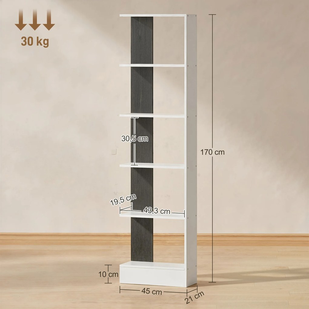 HOMCOM moderní prostorově úsporná knihovna s 5 policemi z dřeva 45x21x170 cm, bílá a černá