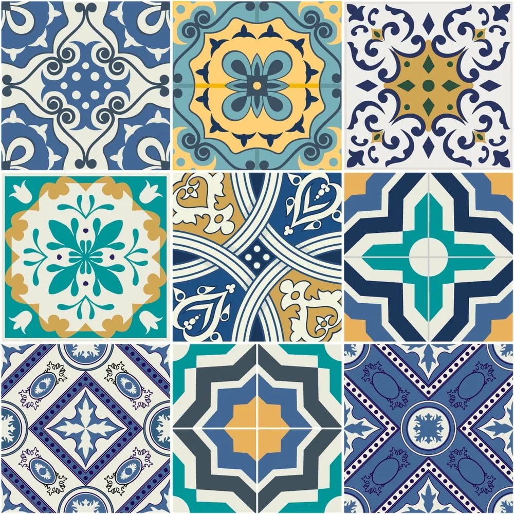 Sada 9 nástěnných samolepek Ambiance Azulejos Vintage Arabesques, 10 x 10 cm