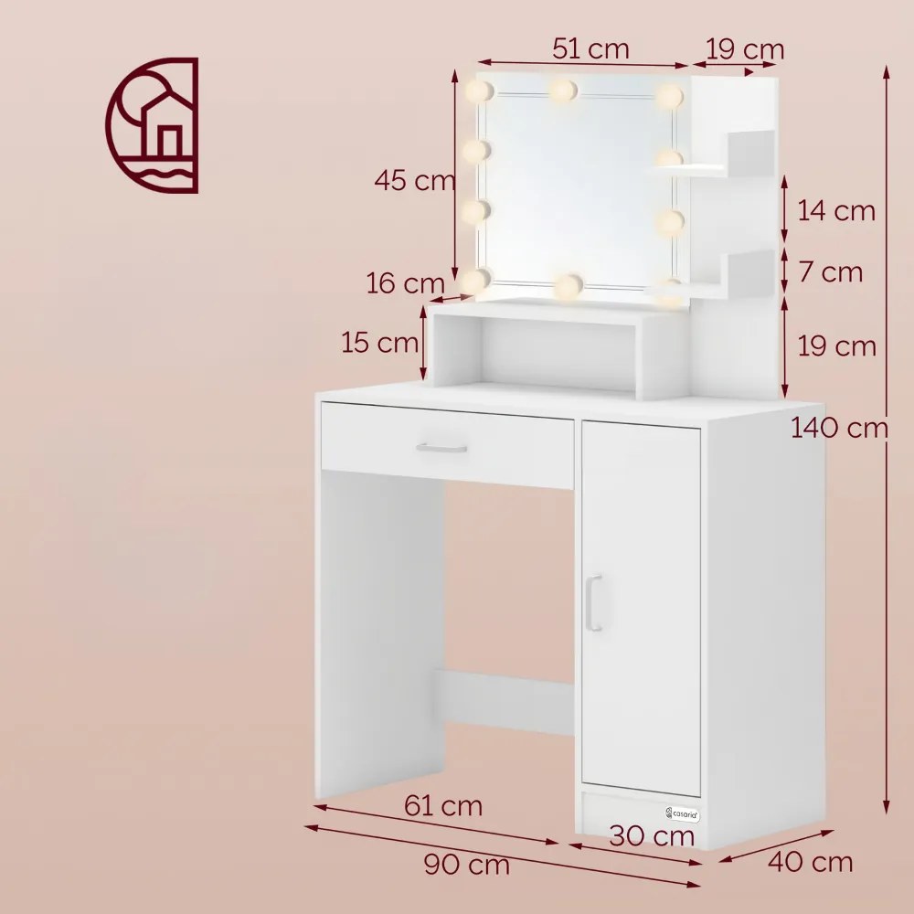 Toaletní stolek JOCELYN s osvětlením, 140×90×40cm, bílá Casaria