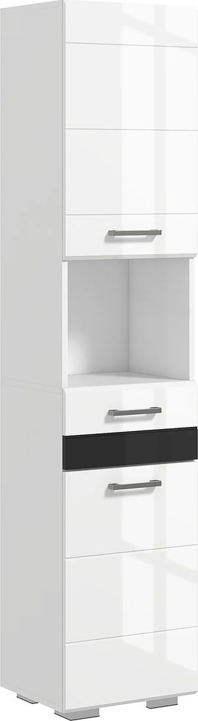 Kleankin sloupec pro úsporu místa do koupelny z MDF, koupelnová skříň s otevřenou policí, zásuvkou a uzavřenou skříňkou, 37x32,5x170 cm, leskle bílá