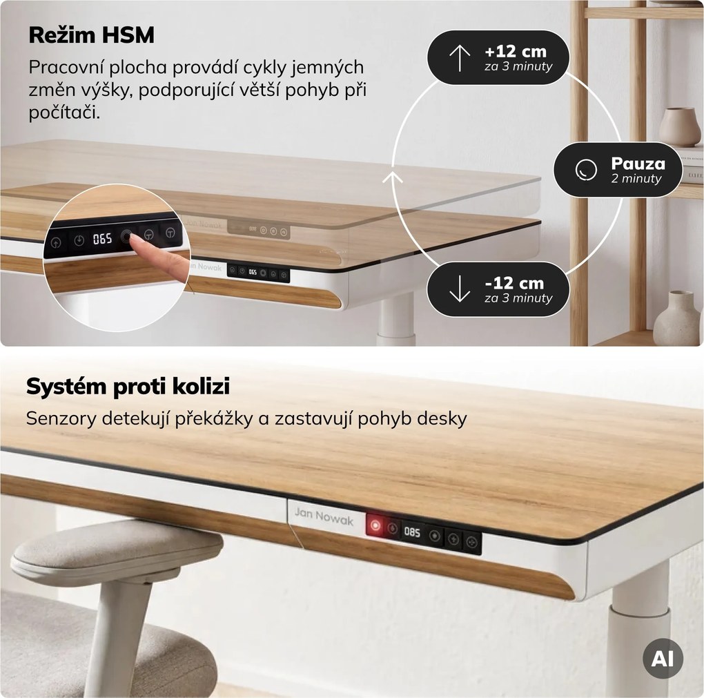 Elektrický psací stůl sit-stand se zásuvkou a bezdrátovou nabíječkou Qi bílý/zlatý dub, 1400 mm: ELLIS