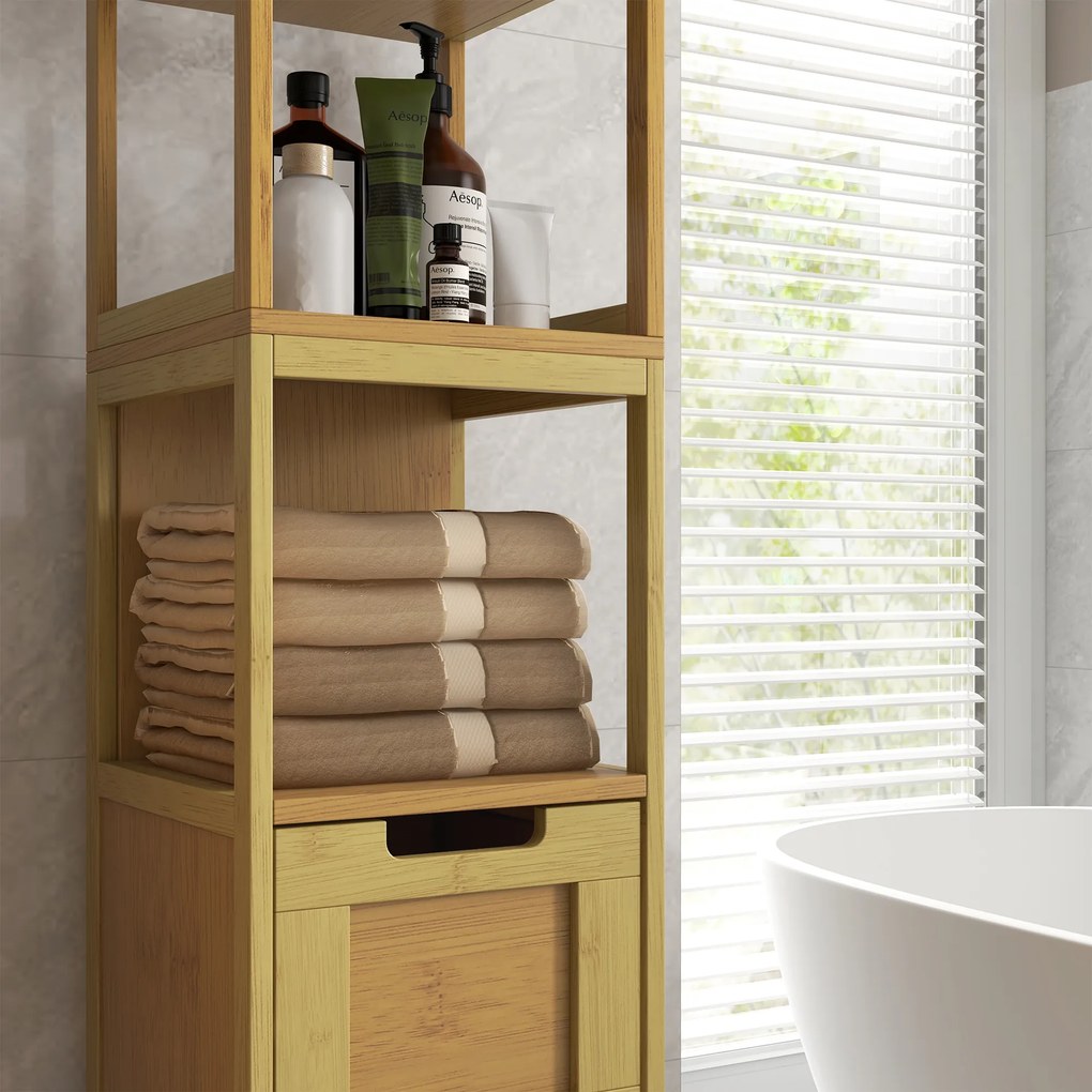 Kleankin Elegantní koupelnová sloupová skříňka 30L x 30W x 144H cm se 3 policemi a 2 zásuvkami z přírodního bambusu