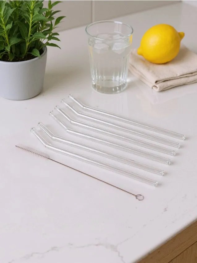 Sinsay - Sada skleněných brček s čisticím kartáčkem 7 pack - clear