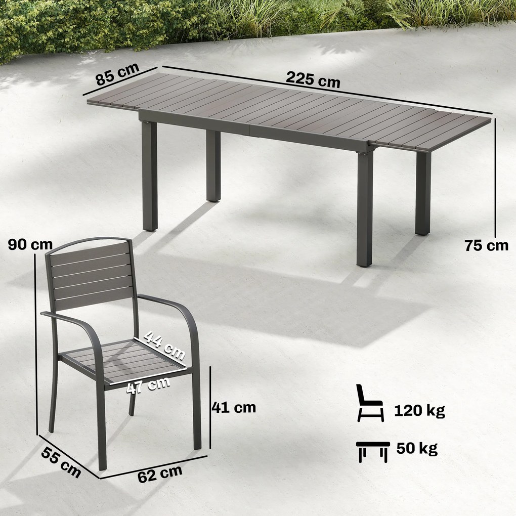 Outsunny Zahradní set nábytku 7 ks, rozkládací stůl 150–225 cm + 6 židlí, hliník, imitace dřeva, šedý