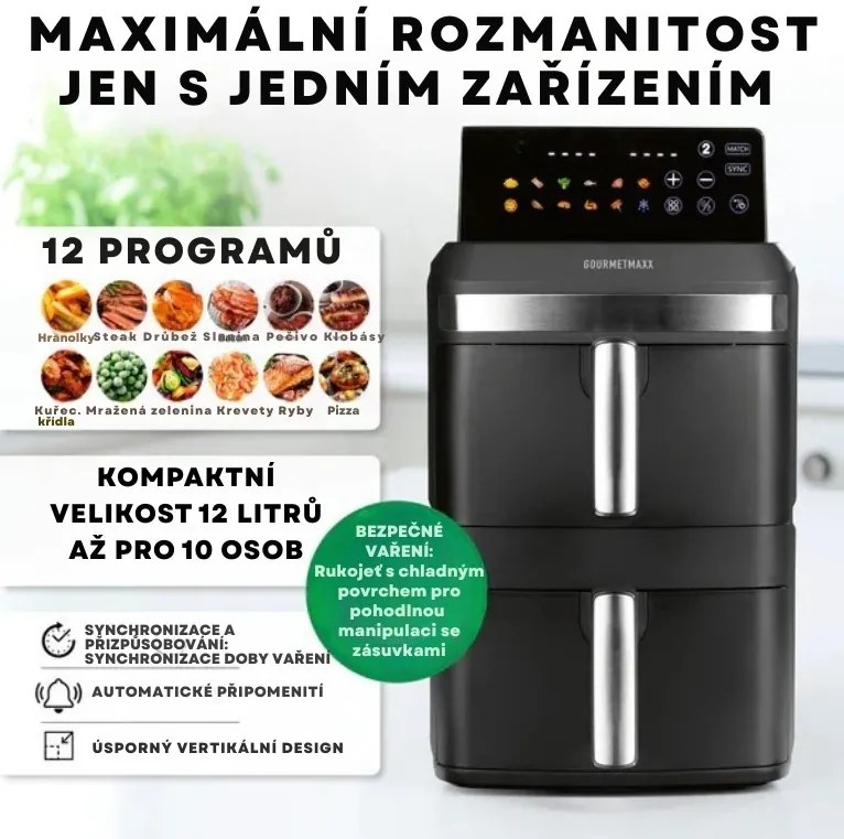 GourmetMaxx Vertikální horkovzdušná fritéza s dvojitou komorou FryUp XL 16818
