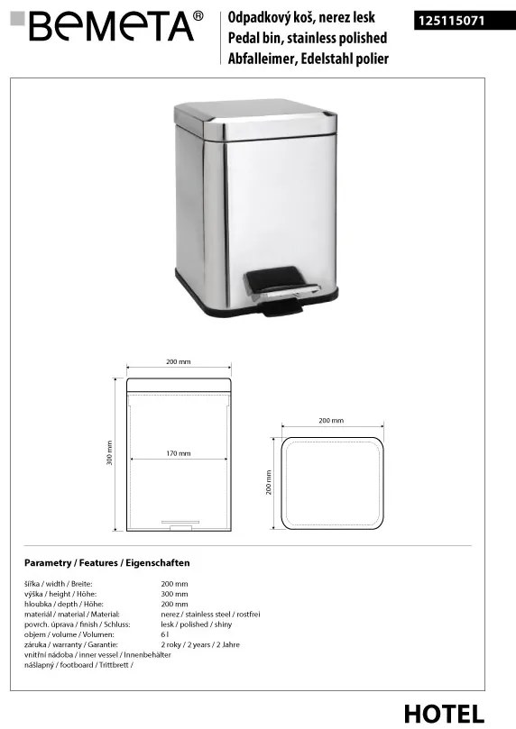 Bemeta Design Odpadkový koš, 6 l, nerez, lesk -