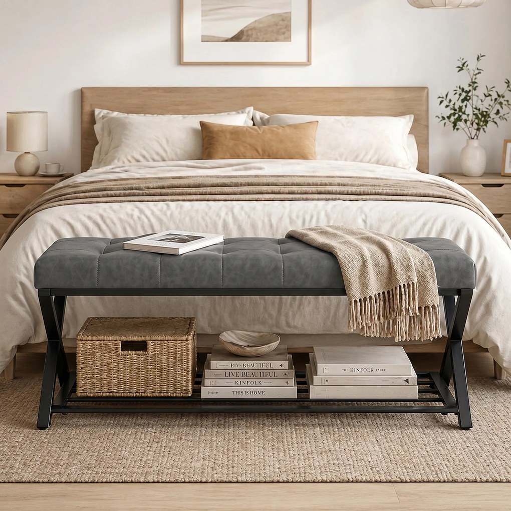 HOMCOM čalouněná lavice na boty s úložným prostorem — průmyslový X-rám z oceli, PU kůže, nosnost 220 kg, 112 × 37 × 47 cm, tmavě šedá