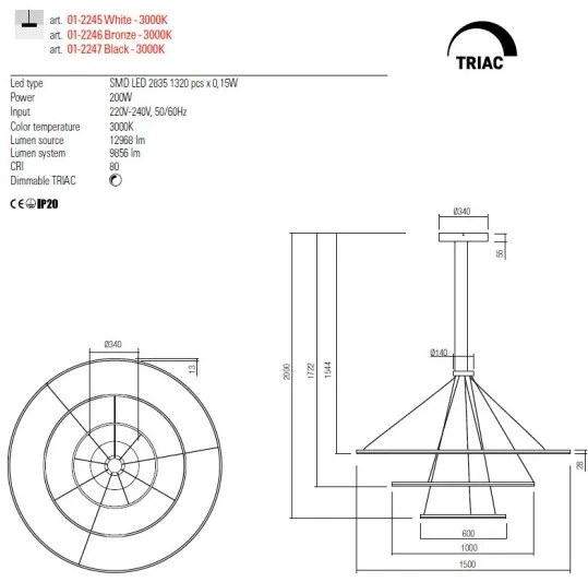 Redo Závěsné LED svítidlo ORBIT ø150/100/60 cm, 4000K, 3 kruhy Barva: Bílá, Stmívání, řízení: DALI