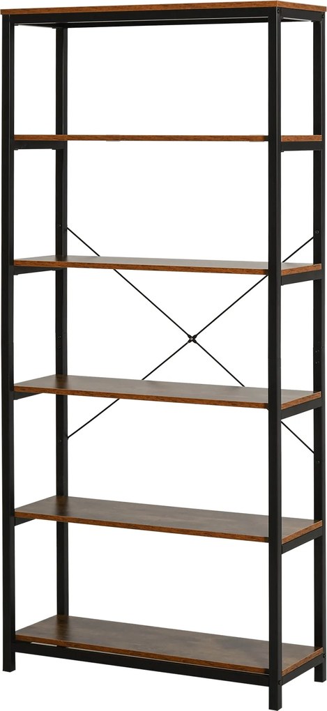 HOMCOM Retro Knihovna v Průmyslovém Stylu s 6 Otevřenými Policemi pro Knihy a Protipádovým Systémem pro Obývací Pokoj a Kancelář 80x30x180 cm v Rustik