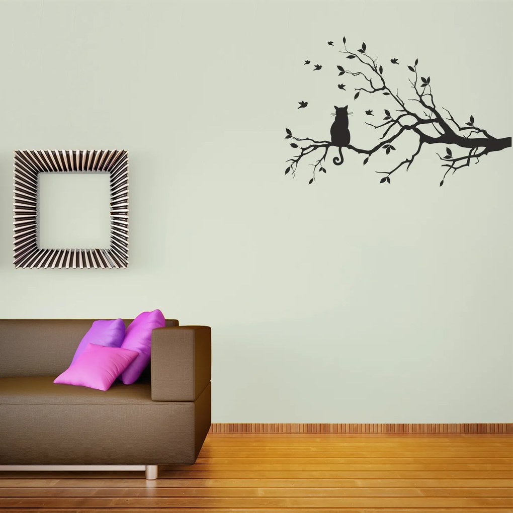 Samolepka na zeď - Kočka na větvičce (95x63 cm) - PopyDesign