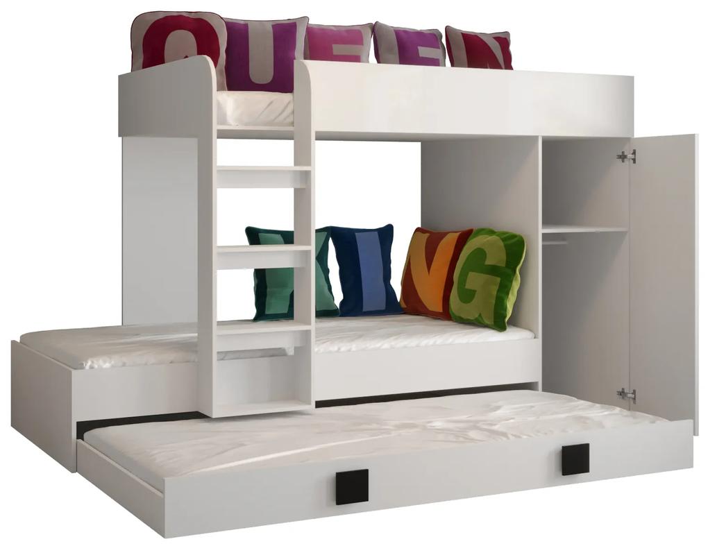 Dětská kombinovaná postel 90 cm Toreno 2 (bílá + bílý lesk + šedá lesklá madla). 1083320