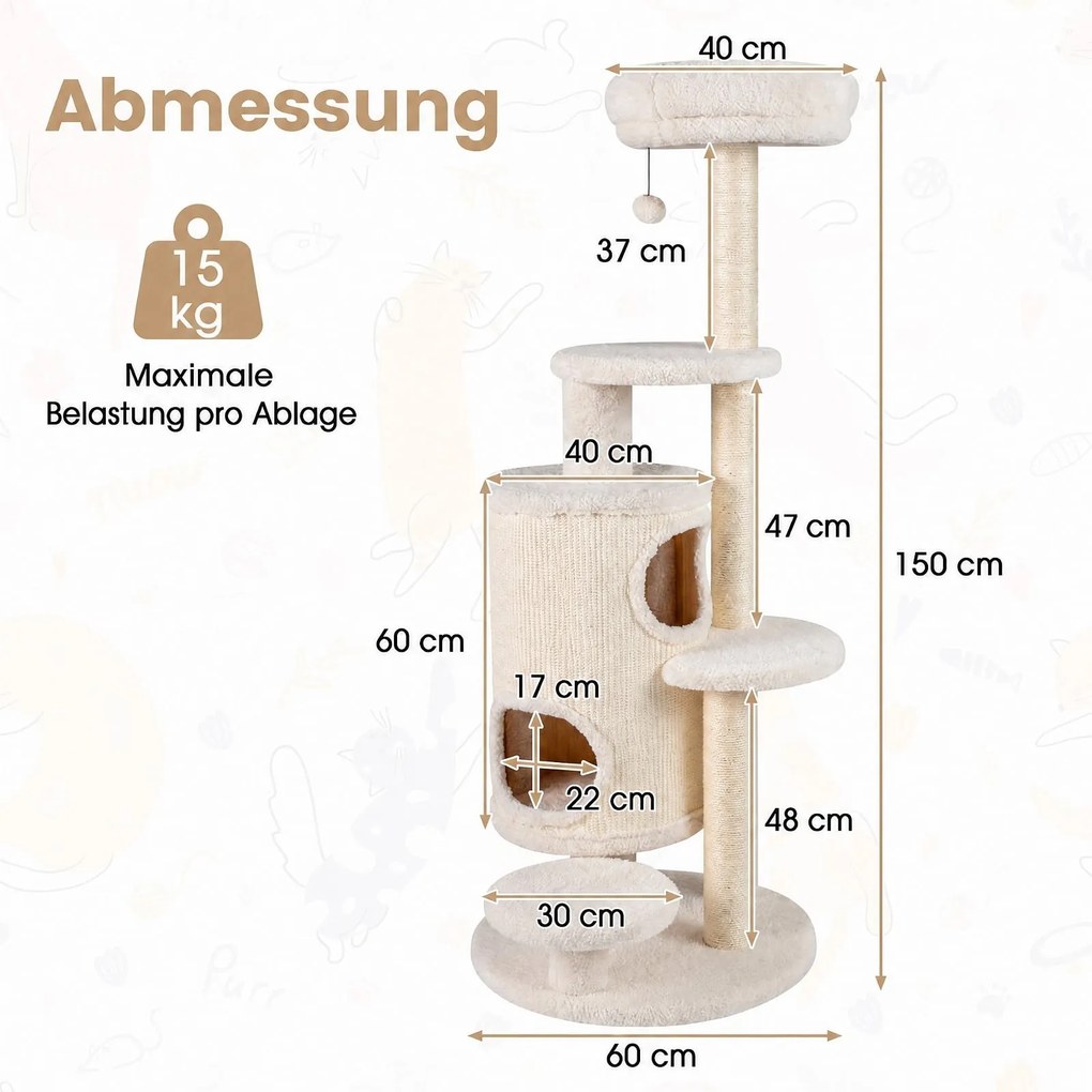 Costway Kočičí strom 150 cm vysoký Škrabadlo s 6 úrovněmi 2 Kočičí jeskyně