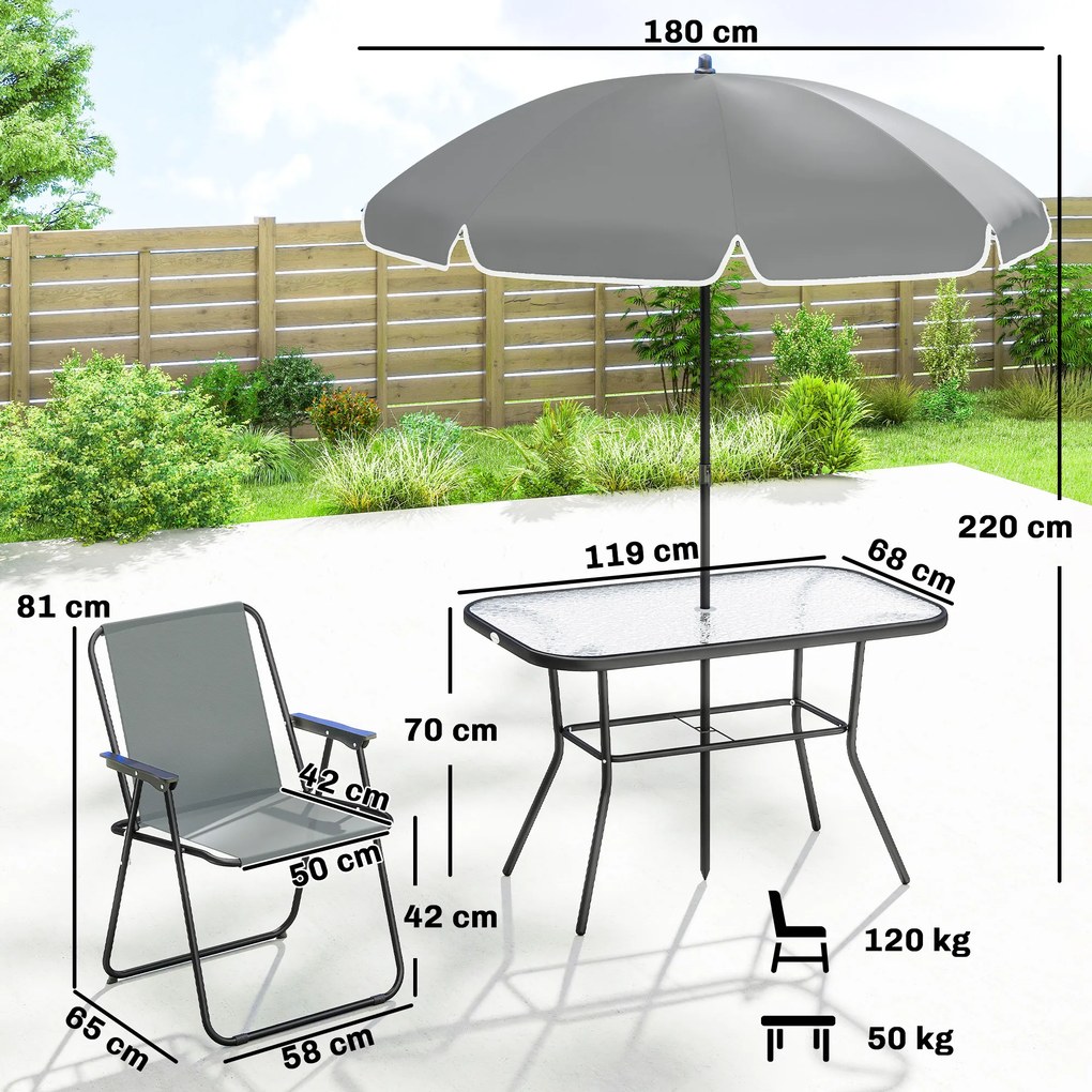 Outsunny Sada zahradního nábytku sedací souprava 119 x 68 cm skleněný stůl se 6 skládacími židlemi slunečník vzor vodní vlna šedá
