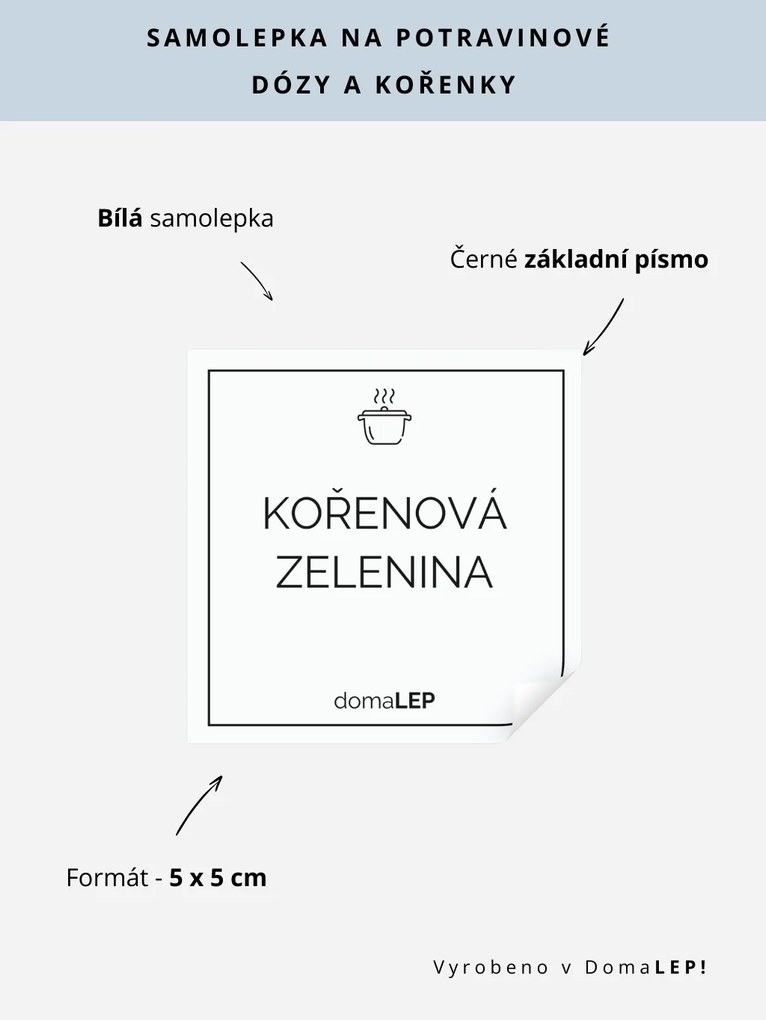 Samolepka na kořenky KOŘENOVÁ ZELENINA bílá 5 × 5 cm základní písmo